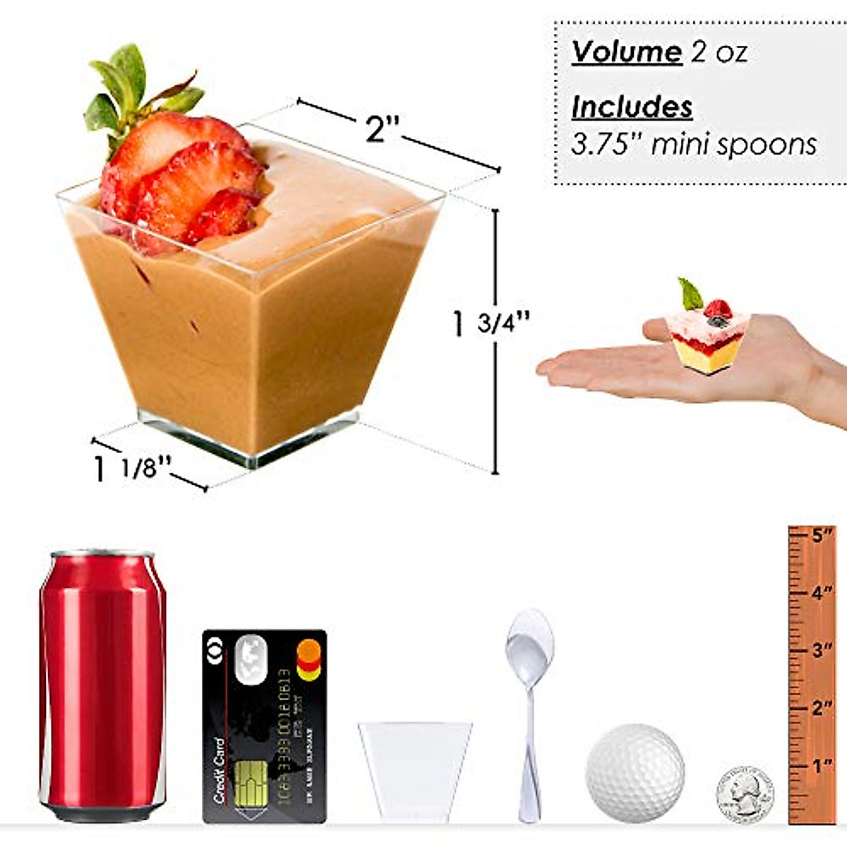 DLux 50 x 2oz Square Mini Dessert Cups with Spoons, Clear Plastic Parfait Appetizer Cup - Small Reusable Serving Bowl for Tasting Party Desserts Appetizers - With Recipe Ebook