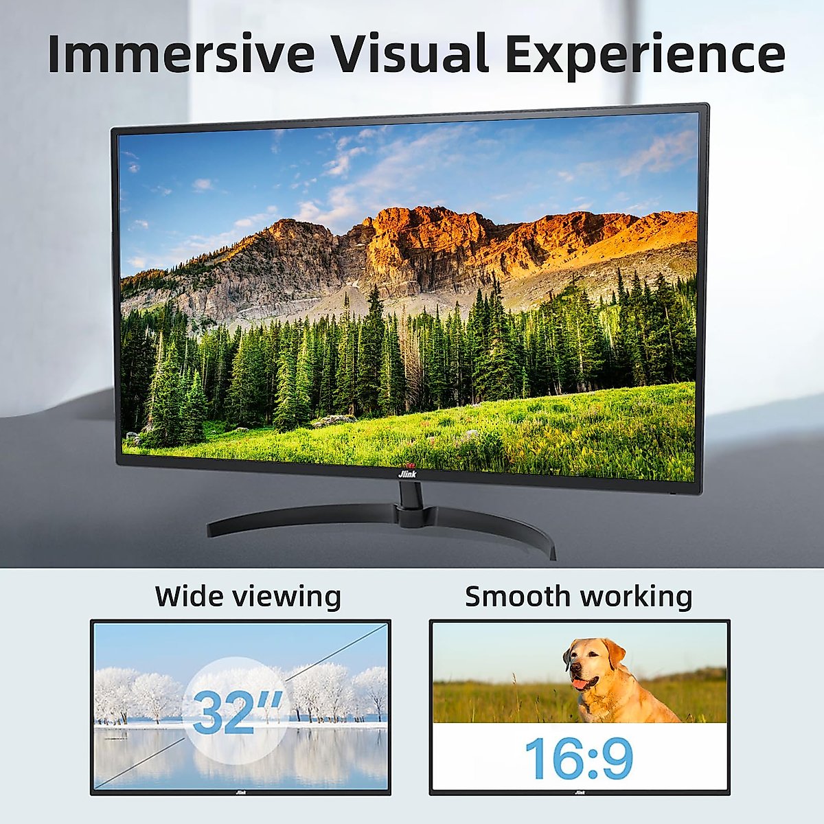 Jlink Computer Monitor FHD 32 Inch Monitor, 1920x1080P 60Hz 104% sRGB Display w/HDMI VGA 3.5mm Audio, HDR, VA Screen w/Freesync, Tilt，VESA Mount