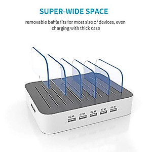 Charging Station for Multiple Devices, MSTJRY 5 Port Multi USB Charger Station with Power Switch Designed for iPhone iPad Cell Phone Tablets (White, 6 Mixed Short Cables Included)
