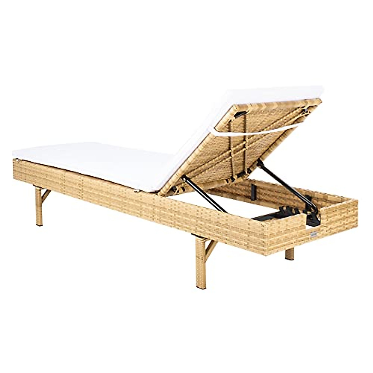 SAFAVIEH Outdoor Collection Cam Natural Brown Wicker/White Cushion Adjustable Chaise Lounge Chair, Black/Beige (PAT7501D)