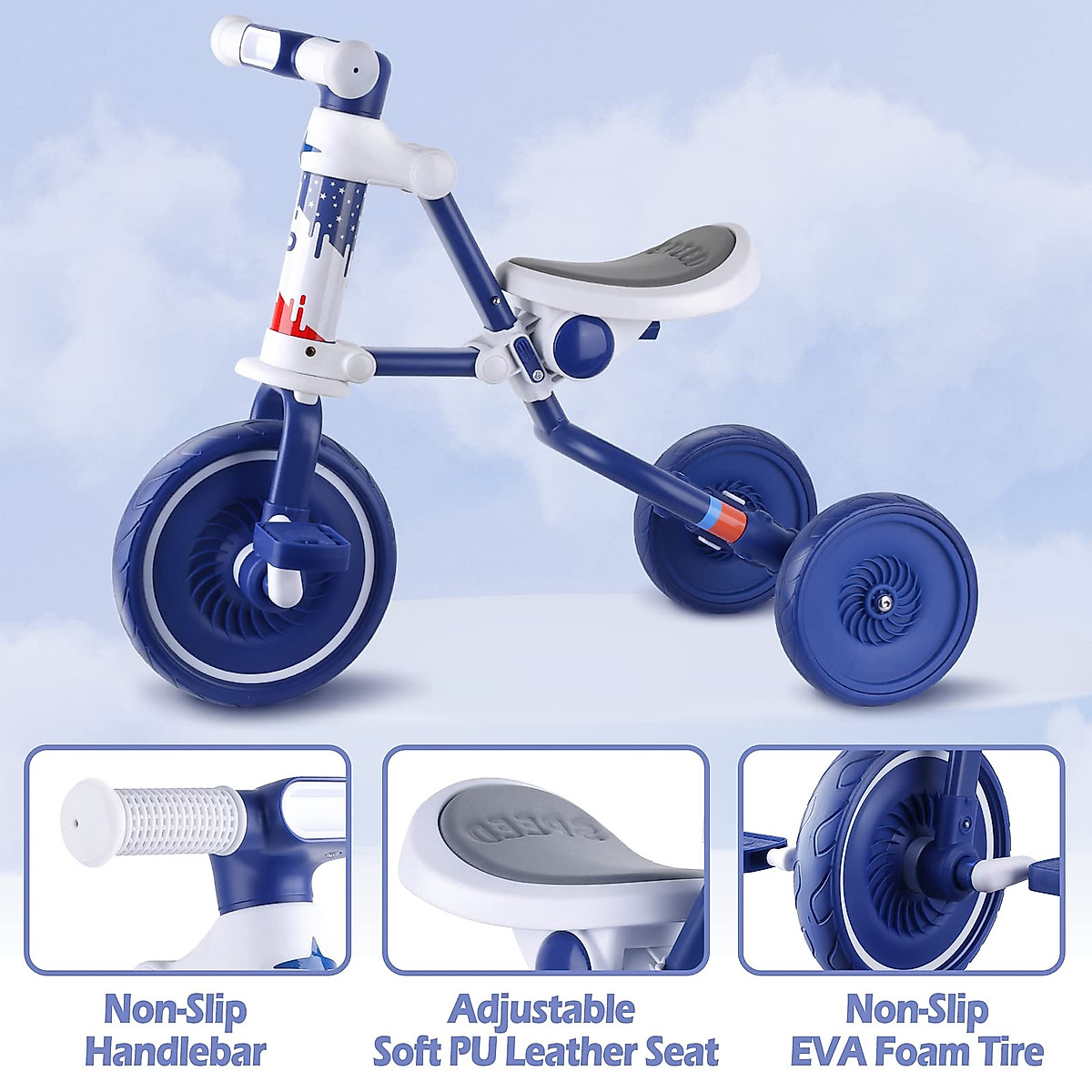 Lipneaed 3 in 1 Toddler Tricycles for 1 to 4 Years Old Kids, Trike for Boys Girls Balance Bike with Adjustable Seat Height Convertible Rear Wheels and Removable Pedal (Blue)