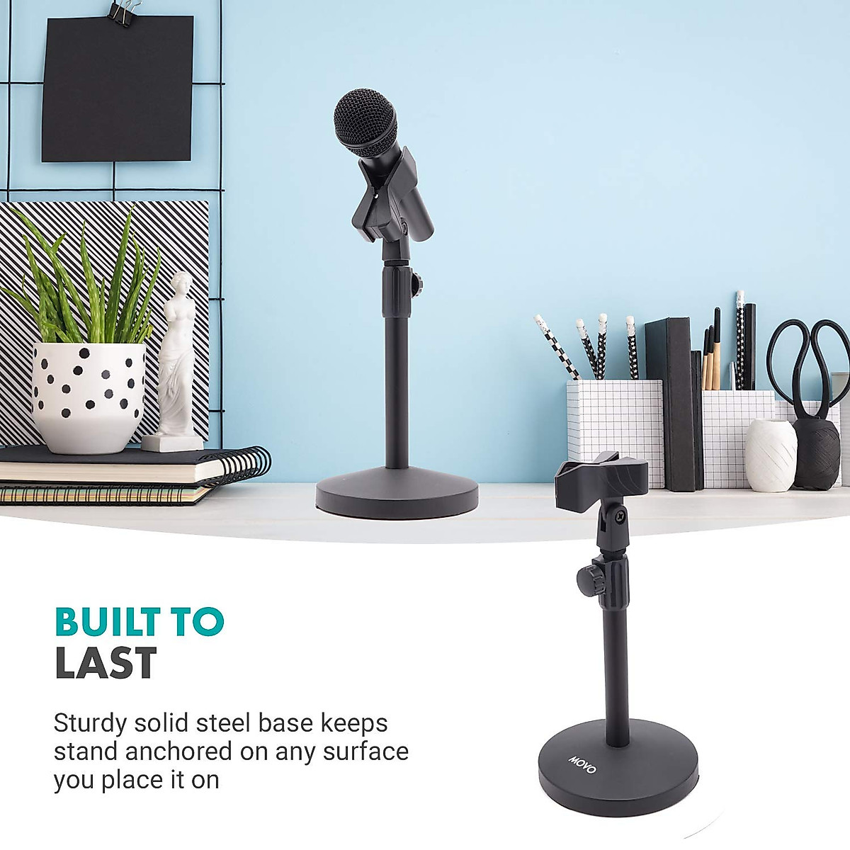 Movo TMC-5 Heavy Duty Desktop Microphone Stand with Weighted Round Base and Mic Holder for Desk - 16" Extendable Microphone Desk Stand - Compact Metal Desktop Mic Stand for Podcasts, Gaming