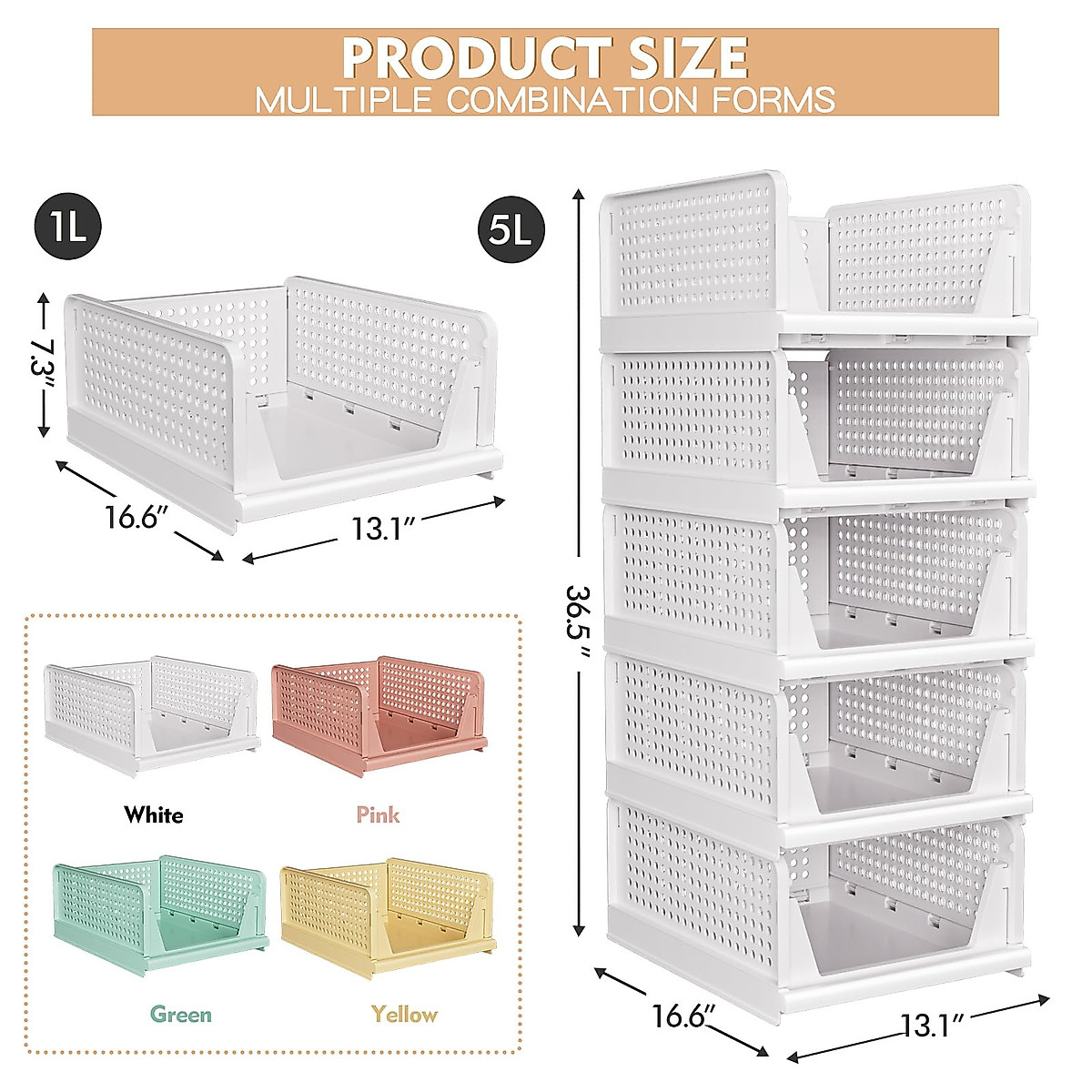 caktraie 5 Pack Folding Closet Organizers Storage Box, Stackable Plastic Storage Basket, Closet Organizers and Storage Drawer Shelf Storage, Storage Container for Cupboard Kitchen Bathroom, White