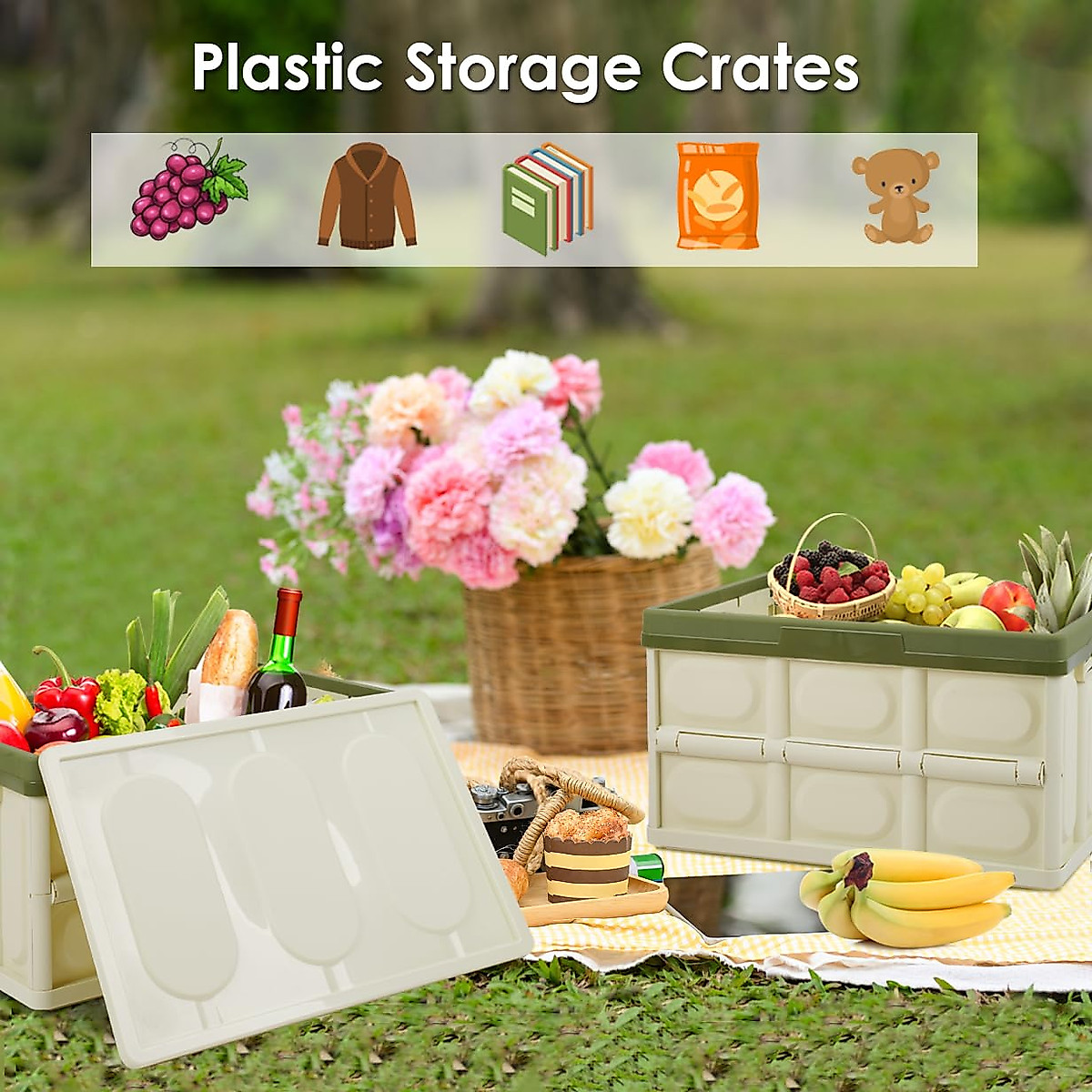 Phyllia Foldable Storage Boxes with Lids, 3 Pack Collapsible Plastic Storage Bins Organizer Containers Baskets Cub with Cover,Stackable Utility Crates Storage Box (Green, 30L)