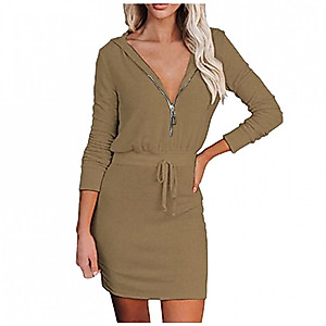 Padaleks Womens Casual Hoodie Dress Cozy Solid Long Sleeve Zipper Slim Fit Dresses Pullover Sweater with Belted