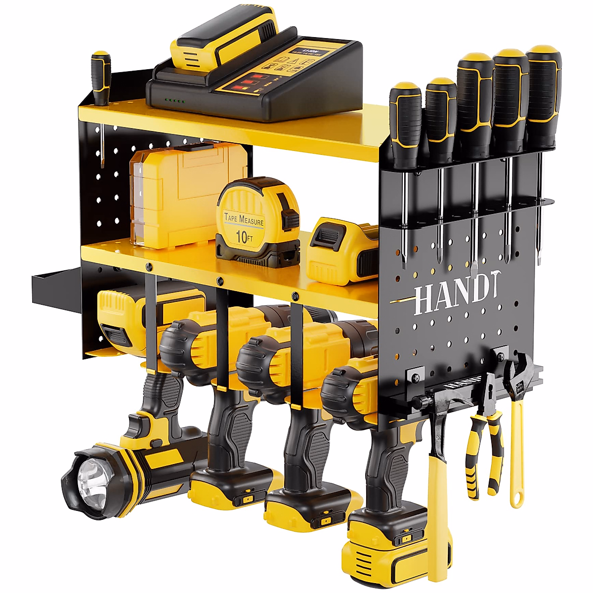 HANDT Power Tool Organizer, Wall Mount Drill Holder Garage Storage Rack, Pegboard Screwdriver Holder with Magnet Bar & Organization Bin, Cordless Drill Battery Charging Station Utility Shelf, Yellow