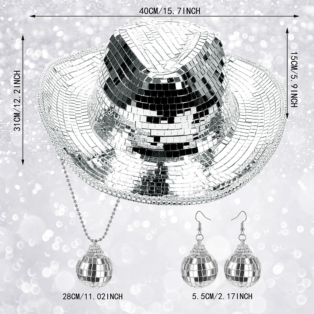 MAKCNMYM Disco Cowboy Hat Silver Cowgirl Hat With Disco Ball Necklace and Sparkly Mirrored Earrings Sequin Hat Women Bling Glitter Dance Cap for Girls Party Costume Accessories Cosplay Dress Up