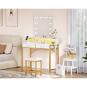 AODK Vanity Desk with Vanity Chair, Makeup Vanity with LED Lights, White Small Vanity Desk Without Mirror, 32 Inch Makeup Table for Small Space with 2 Fabric Drawers, Desk Make Up Vanity for Girls