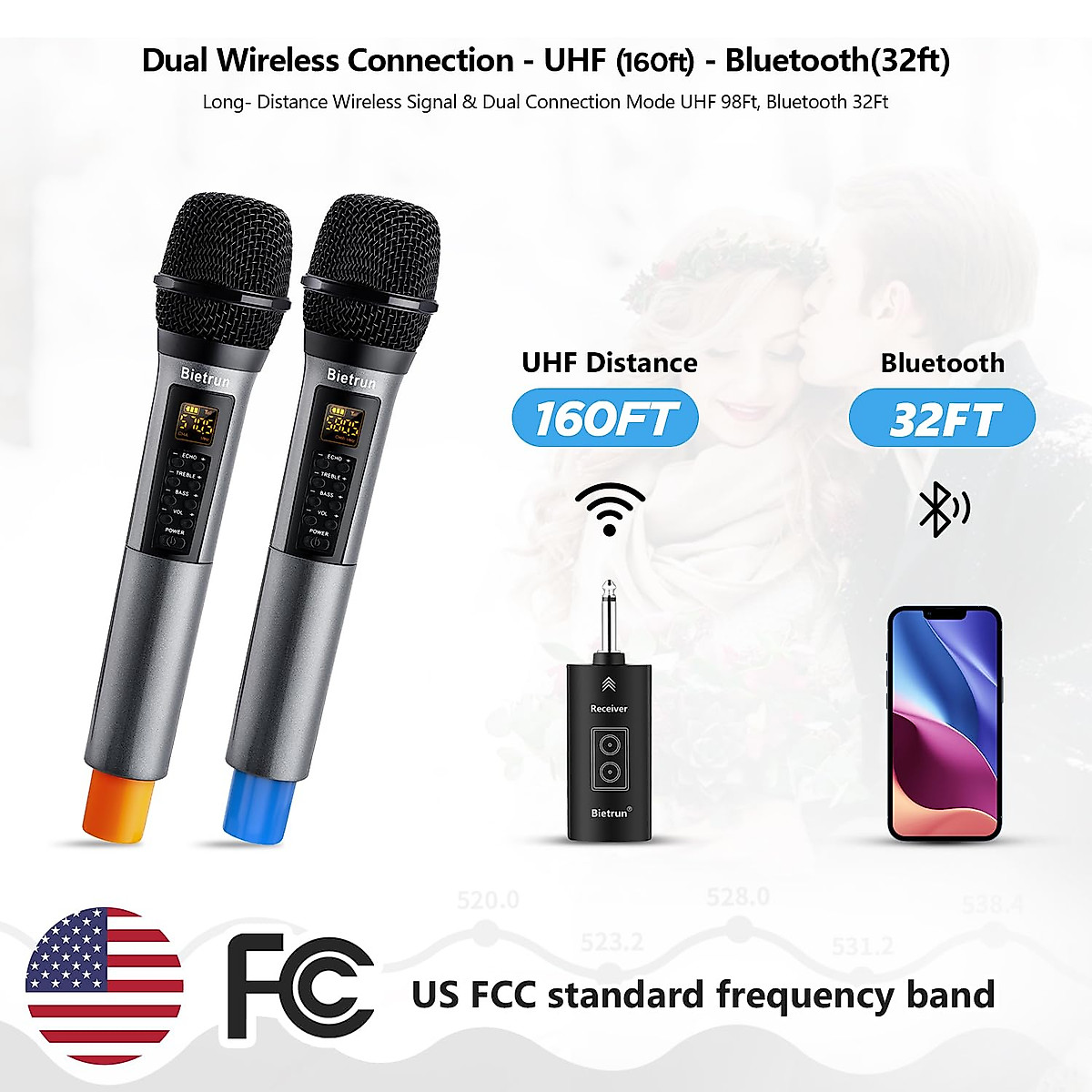 Bietrun Wireless Microphones with Echo,Treble,Bass&Bluetooth,160FT Range,Portable UHF Handheld Karaoke Dynamic Microphone System with Rechargeable Receiver for Karaoke,Singing,Amp,PA System,DJ,Stage