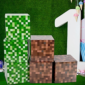 Outus 6 Pcs Large Pixel Mine Party Boxes 11.8 Inch Halloween Trunk or Treat Car Decoration Pixel Miner Video Gaming Box Pixelated Party Favor Vintage Grass Green Brown Birthday Centerpieces Xmas