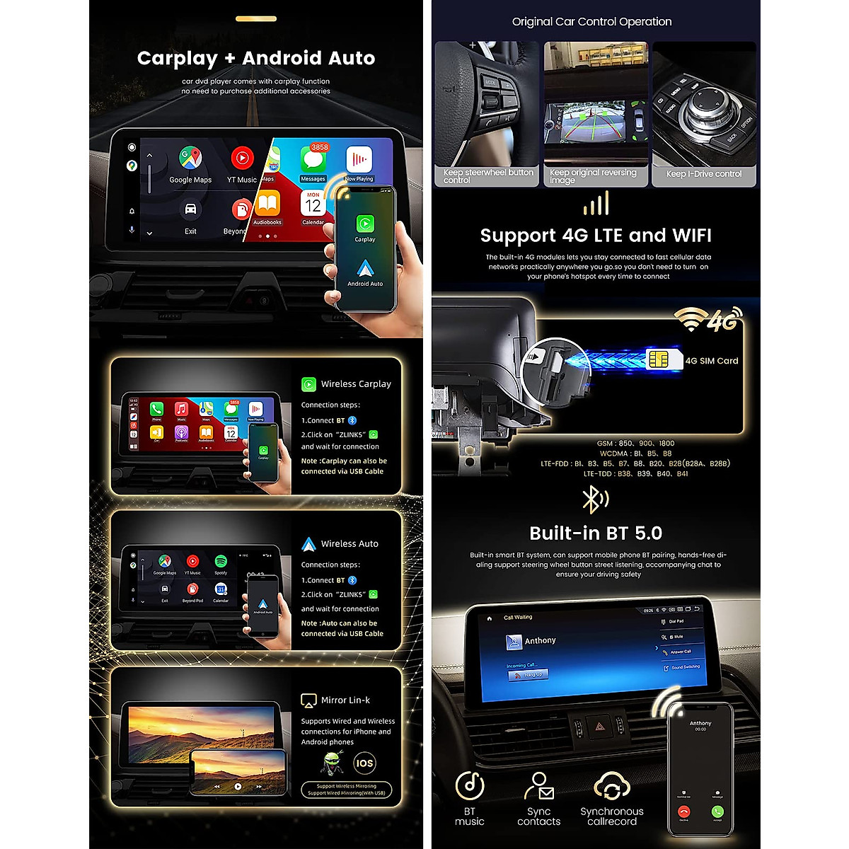 Android 12 Car Stereo GPS Sat Nav for BMW 5 Series E60 E61 E63 E64 3 Series E90 E91 E92 CCC CIC Touchscreen Multimedia Player + DVR,8-core 4+64-2005-2008 CCC 8.8 inches