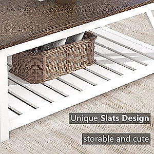 ChooChoo Farmhouse Coffee Table, Rustic Vintage Living Room Table with Shelf, 40 White