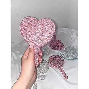 TISHAA Bling Rhinestone Adorable Heart Dazzling Handheld Mirror, Perfect for Makeup Touchup On The Go (Pink)