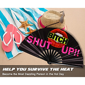 TAYUQEE Folding Hand Fan for Women - UV Glow Rave Hand Fan Large Bamboo Hand Held Chinese Fan with Velvet Bag for Rave Party, Music Festival, EDM, Drag Queen, Burlesque, Decoration, etc.