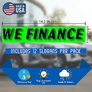 Versa Tags Windshield Slogan Stickers 12 Pack Each of Extra Clean, 3RD Row Seating, WE Finance, FINANCING Available, Warranty (60) Window Stickers Total Dealership Stickers Black On Green