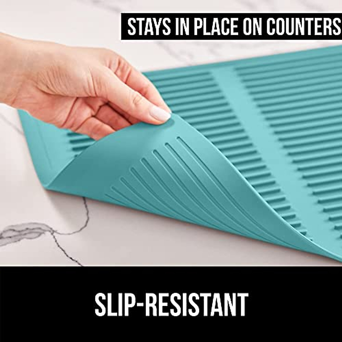 Gorilla Grip Silicone Oven Mitts Set and Silicone Dish Drying Mat, Both in Turquoise Color, Oven Mitts are Heat Resistant, Drying Mat is Size 16x12, 2 Item Bundle