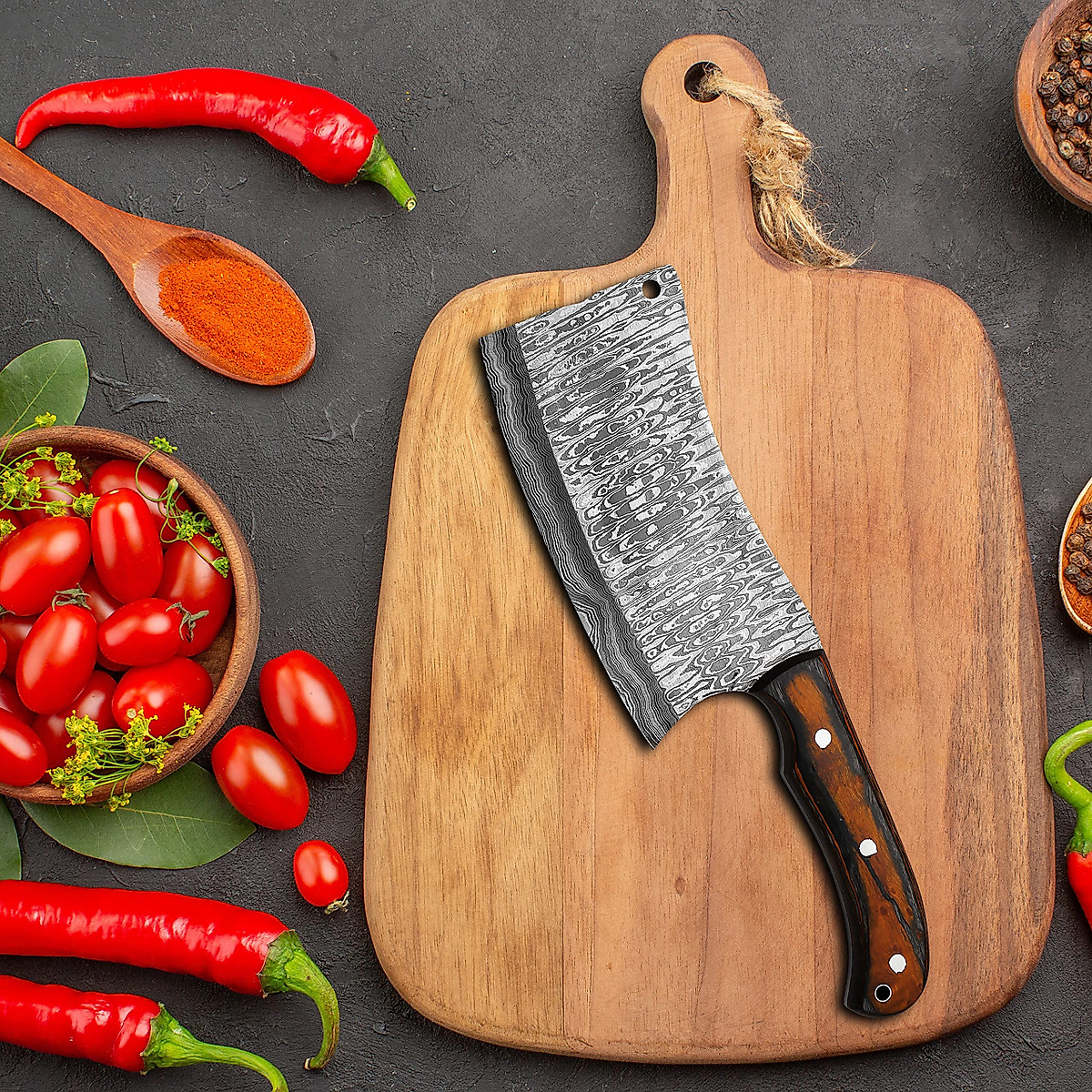 Handmade Damascus Steel Meat Cleaver Knife Full tang Kitchen Knife for Home and Outdoor, Butcher knife, Chopper knife with Real Leather Sheath
