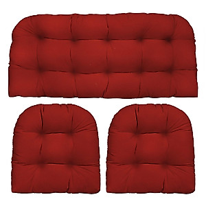 RSH DECOR: Sunbrella 3-Piece Wicker Tufted Cushion Set | Standard Size | Performance Fabric | Outdoor Settee Loveseat & U-Shape Seat Cushions for Patio Furniture | Canvas Jockey Red
