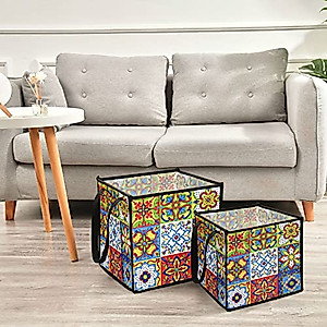 Kigai Mexican Talavera Cube Storage Bins, 13x13x13inch Collapsible Fabric Storage Cubes Organizer with Handles Decorative Storage Baskets for Home, Shelf, Closet