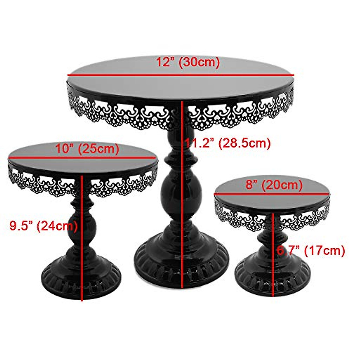 3PCS/Set Baking Paint Cake Stand Round Pedestal Dessert Holder Cupcake Display Rack Birthday Wedding Party Decoration 8 Inch +10 Inch + 12 Inch (Black)