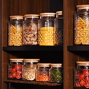 Glass Storage Jars, Kitchen Food Containers with Bamboo Lids, Airtight Embossed Mason Jar, Decorative Cereal Canisters for Candy Snack Cookies Coffee Tea Nuts Bean Countertop(Set of 3,20/40/60)