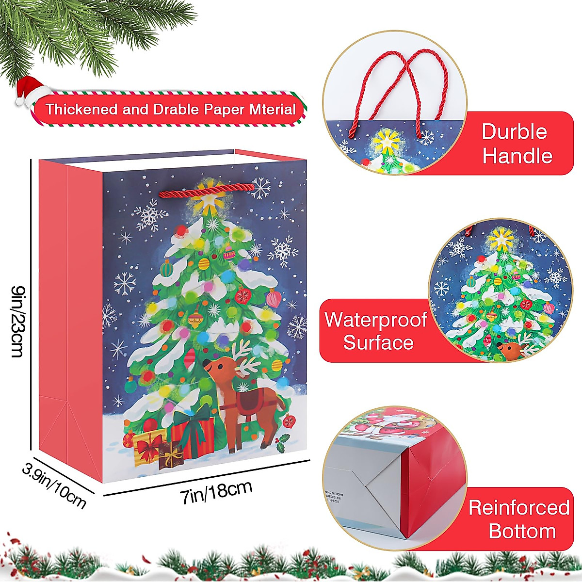 Tsungup 18 Pack Christmas Gift Bags Assorted Sizes,Large Non-Woven Christmas Tote Bags Christmas Reusable Gift Bags with Handles - Large Xmas Gift Bags