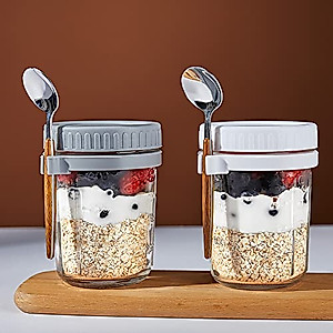 Overnight Oats Containers with Lids 2, 10oz Wide Mason Jars with Spoon - Great for on-the-go cereal containers - Very convenient for use on the go, Sealed glass jars are ideal for home, office or on-the-go (White)