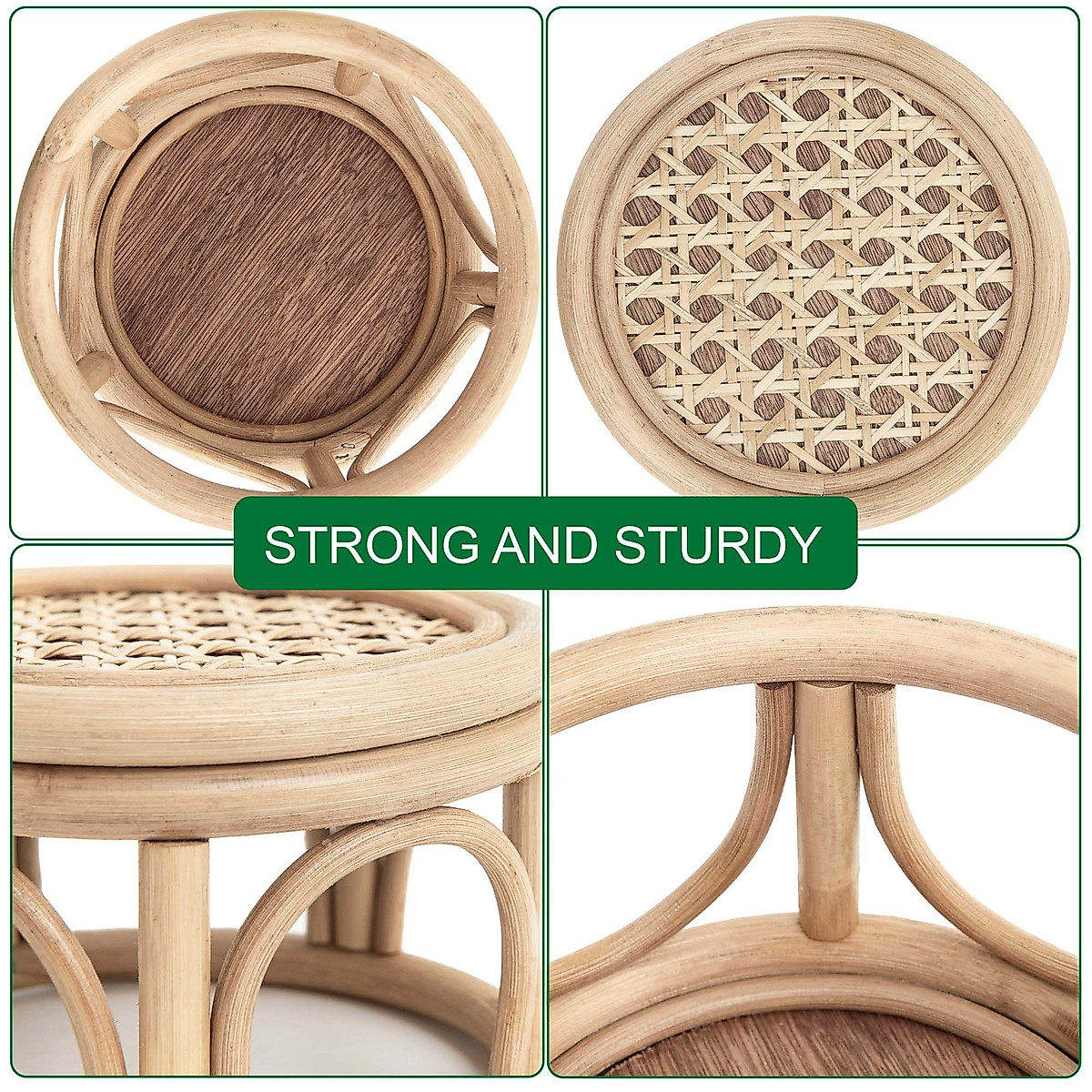 Set of 2 Small Boho Rattan Wicker Round Riser Plant Stand Indoor,Rustic Farmhouse Natural Wooden Circle Pedestal for Decor & Display, Tabletop, Office Decor