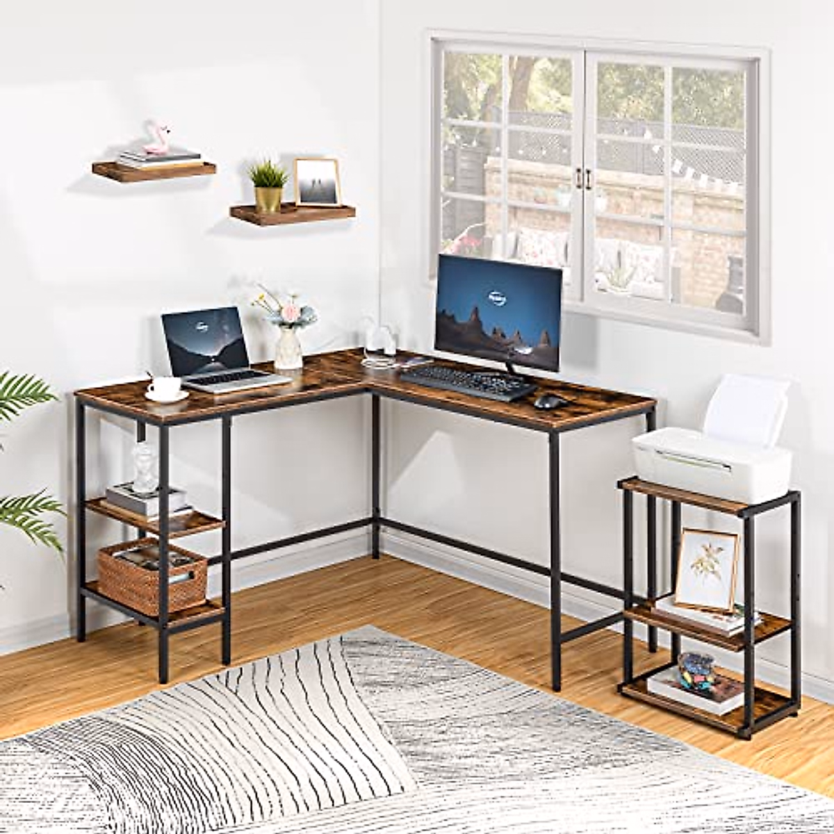HOOBRO L Shaped Computer Desk with Charging Station, Industrial Corner Writing Desk with Adjustable Shelves, Study Workstation for Home Office, Stable and Space-Saving Rustic Brown and Black BF35UDN01