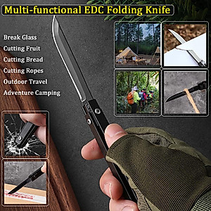 2 Piece Slim Pocket Knife, Slim EDC Knife with Leather Case, Folding Knife with Glass Breaker for Home Using, Outdoor Camping, Fishing, Hunting, Black