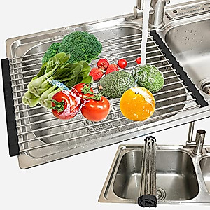 Ahyuan Roll up Dish Drying Rack Over The Sink Kitchen Roll up Sink Drying Rack Portable Dish Drainer Foldable Dish Drying Rack (Stainless Steel 17.7''X11.8'', Black)