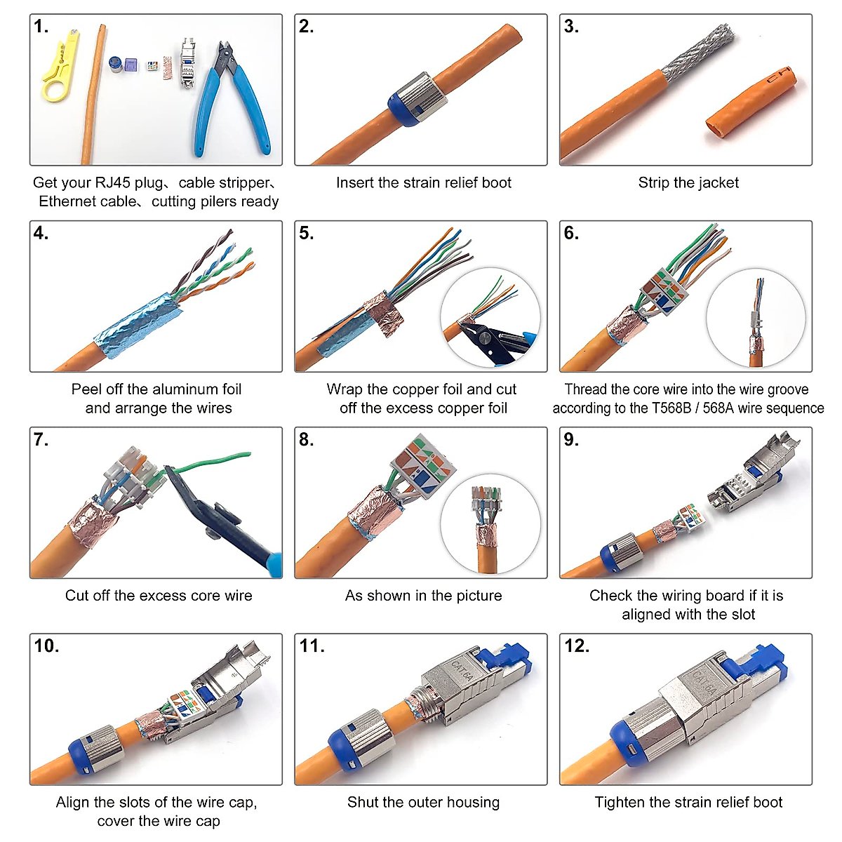 VCELINK RJ45 Cat6A Connectors Tool-Free, Zinc Alloy Shielded Ethernet Termination Plugs for 23AWG SFTP Cables, 10Gbps Easy Internet Plug, Fast Field Installation 2-Pack