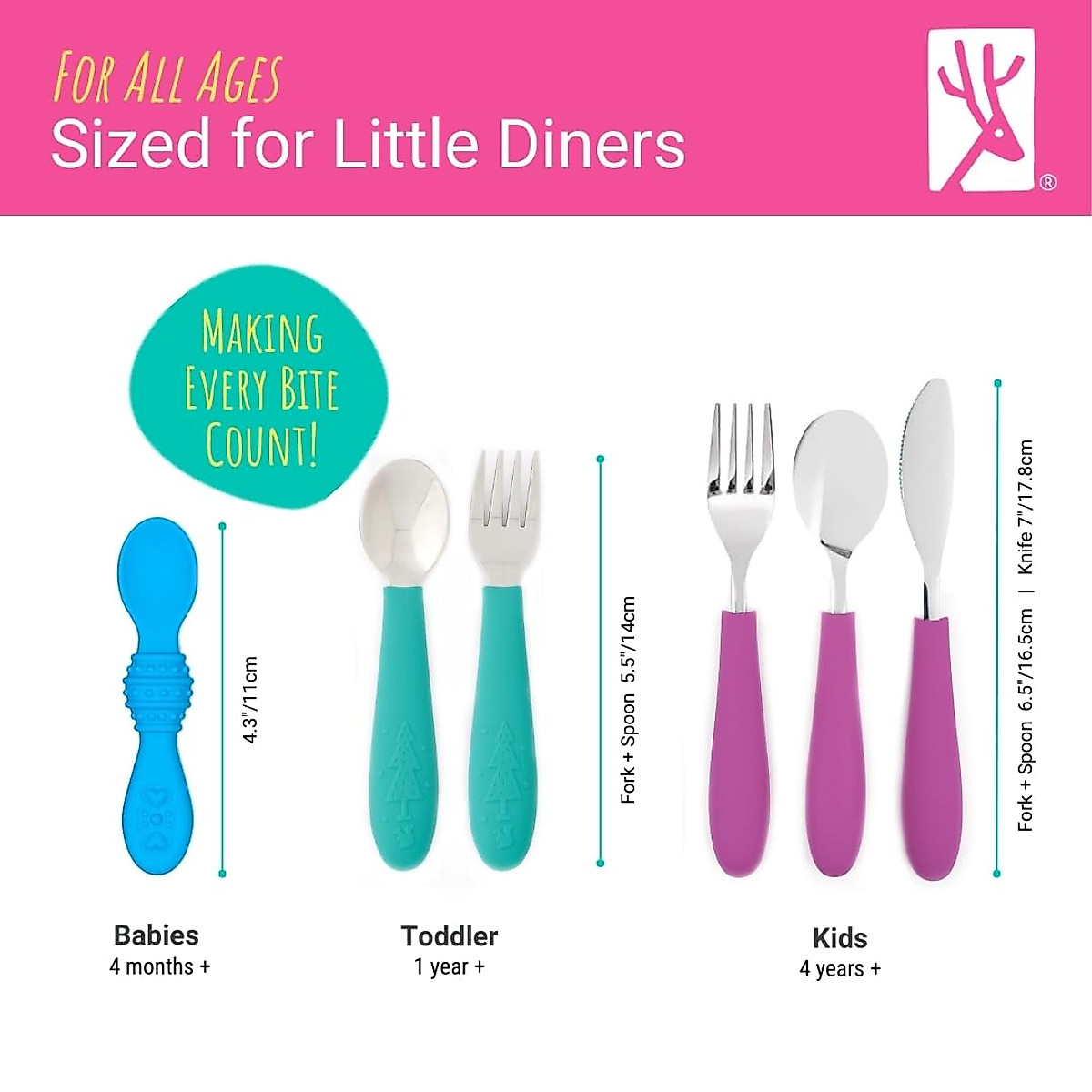 Elk and Friends Kids Silverware with Silicone Handle | Childrens Safe Flatware | Toddler Utensils | Baby Spoons + Forks | Stainless Steel Cutlery