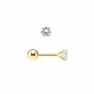 3 MM Cubic Zirconia Sterling Silver Plated Yellow Gold Stud Earrings for Women, Screw Ball Backing