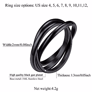 FindChic Black Triple Band Rings Interlocked Rolling Rings for Women Stainless Steel Trinity Russian Wedding Fidget Rings Size 7