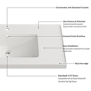 JPND 36" White Bathroom Single Hole Integrated Sink/Countertop, Drop-in Self-Rimming Rectangular Bathroom Vanity Sink Top, 36.38"W x 19.13"D x 7.5"H