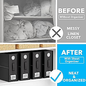 GZOOGHOME 4 Pack Bed Sheet Organizers and Storage, Sheet Folder Organizer for Linen Closet, Foldable Sheets Set Keeper XL (Queen or King Size) Organizing Bedding Container (Circle Window, Black)