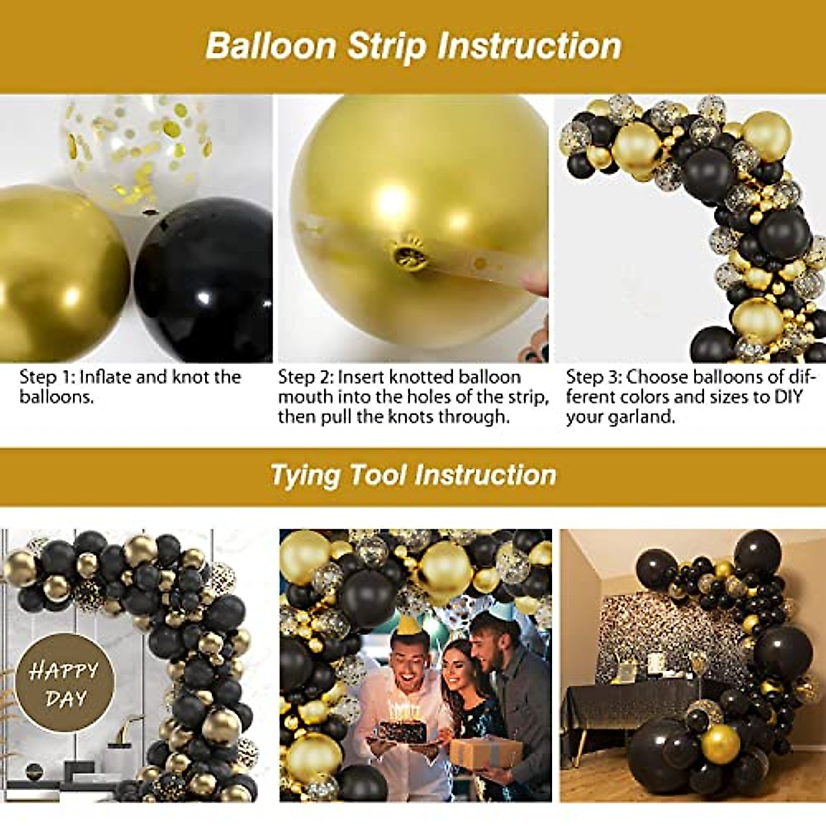 Black and Gold Balloon Garland Kit, 90Pcs Black and Gold Confetti Balloons Party Decorations 4 Sizes Black Gold Latex Party Balloons for Birthday Decorations, New Years, Wedding, Graduation