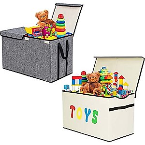 YOLOXO 2 Pack Large Kids Toy Box Chest Storage Organizer with Flip-Top Lid Dark Grey+Beige
