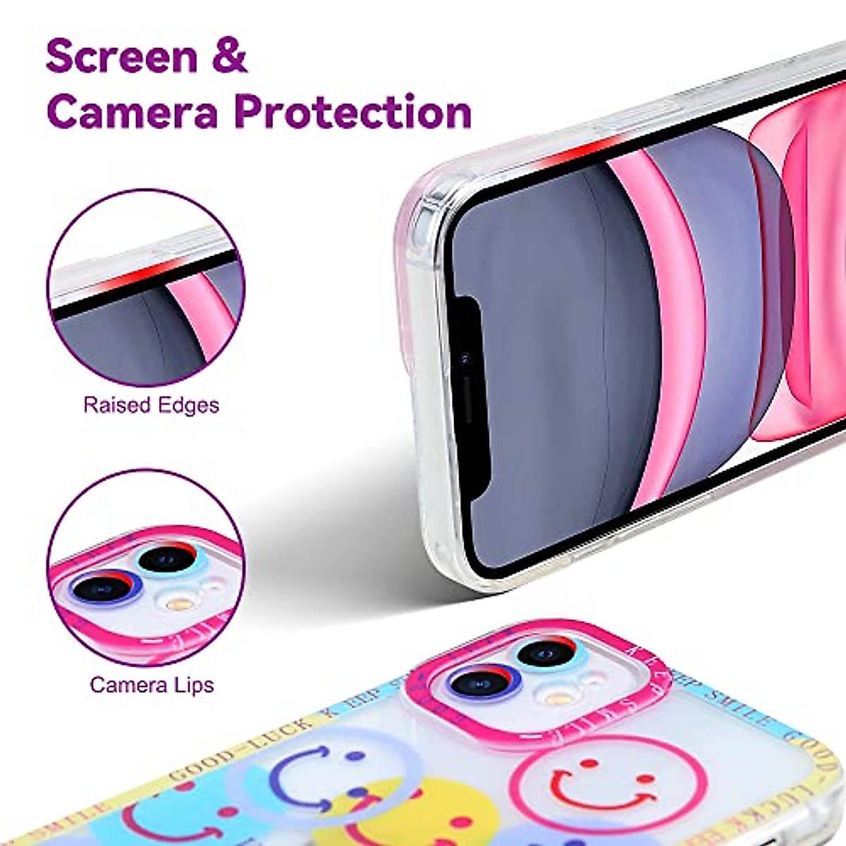 Yebowe [3 in 1] Cute Smiley Face Case for iPhone 11 with Screen Protector+ Beaded Phone Charm, Soft TPU Clear Aesthetic Protective Cover Happy Smile Face Design for Women Girls