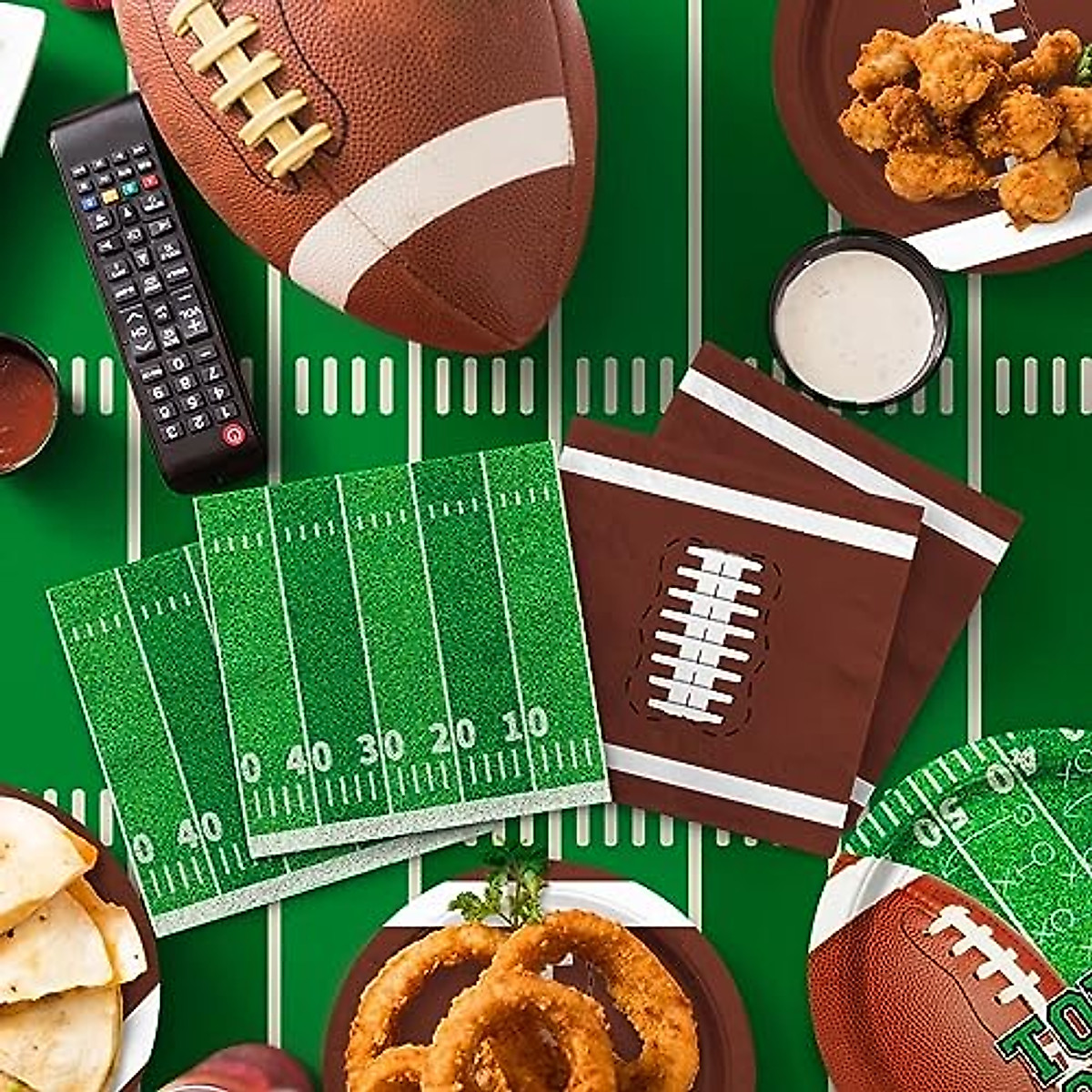 Football Party Supplies Kit Serve 24,Includes Dinner Plates, Dessert Plates, Napkins, Cups,Banner and Touchdown Tablecloth for Football Birthday Party Football Gameday Tailgate Party Decorations