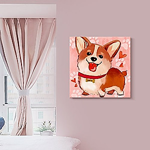 Cartoon Cute Corgi Dog Canvas Wall Art Print Picture for Kids Room (A, 12 x 12 inch)