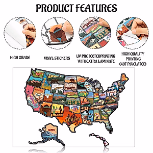 AsodSway RV State Travel USA Map Sticker, United States Vinyl RV Travel Camper Trailer Map Sticker of America Waterproof Decals for Window Door Wall, USA Road Trip Decal Camper Accessories