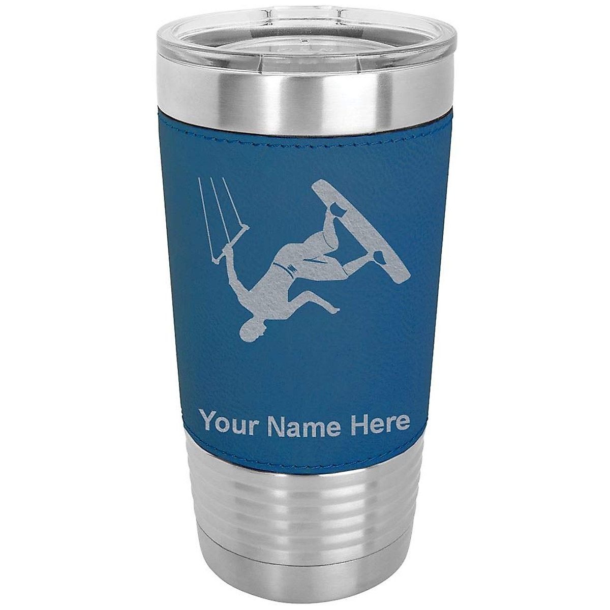 LaserGram 20oz Vacuum Insulated Tumbler Mug, Kite Surfing, Personalized Engraving Included (Faux Leather, Blue)
