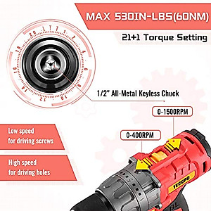 Cordless Drill Set, 20V Brushless Drill Driver, 2x 2.0Ah Li-ion Batteries, 530 In-lbs Torque, 1/2” All-metal Chuck, 21+1 Torque Settings, 0-1500RPM Variable Speed, 33pcs Accessories with Case