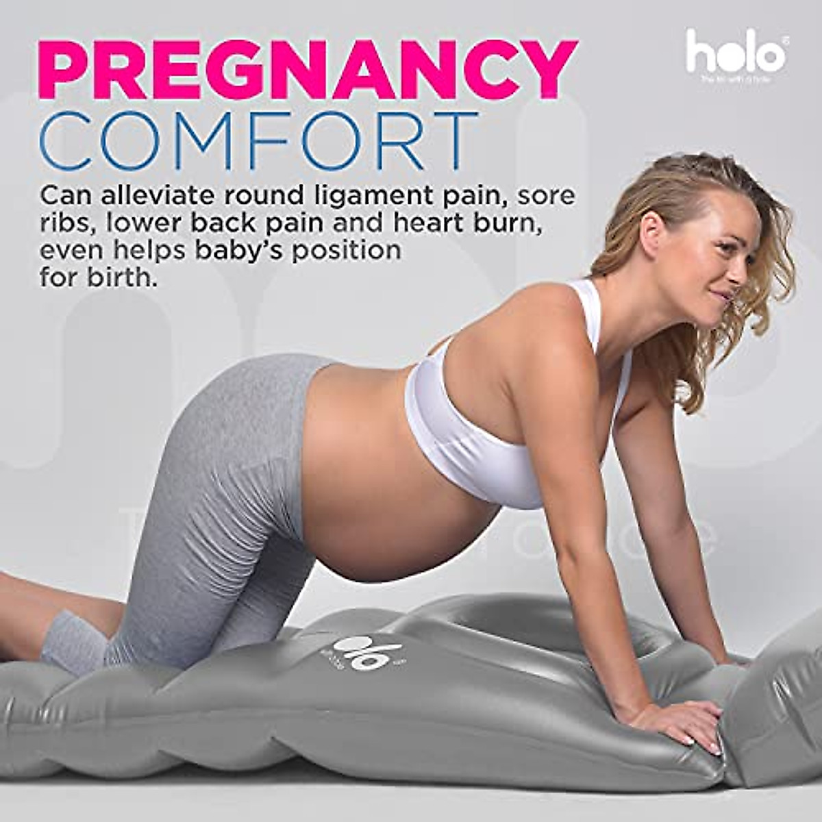 HOLO The Original Inflatable Pregnancy Pillow, Pregnancy Bed + Maternity Raft Float with a Hole to Lie on Your Stomach During Pregnancy, Safe for Land + Water, Silver
