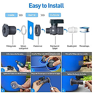 2 Pack Rain Barrel Spigot Kit - Suswillhit Water Barrel PVC Garden Diverter Kit with Bulkhead Fitting Hose Faucet Adapter and Thread Seal Tape for Water Tanks, Aquariums, Tubs, Pool, Garden Barrel