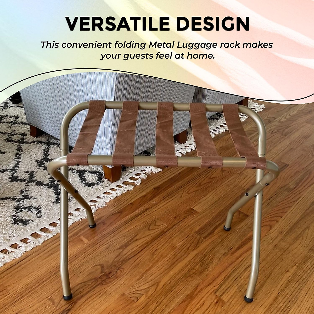 Kings Brand Furniture Anderson Folding Luggage Rack - Suitcase Stand With Storage Shelf - Folding Luggage Rack for Guest Room and Bedroom - Sturdy Portable and Stylish Metal Suitcase Stand - Gold