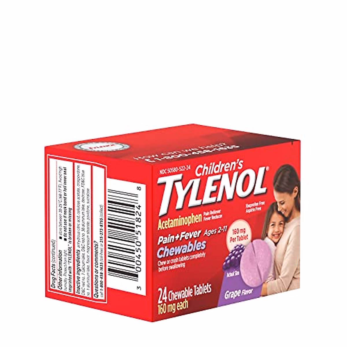 Tylenol Children's Chewables, 160 mg Acetaminophen for Pain & Fever Relief, Grape, 24 ct