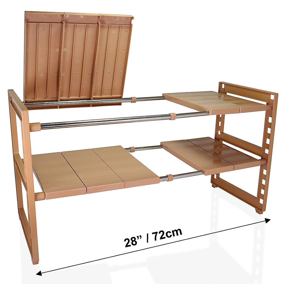 Katai - 2 Tier Under Sink Adjustable Shelf Organizer Rack in Coffee - Expandable from 15 inch to 26 inch (40cm - 70cm) with 10 Removable Shelves - Complete with Waterproof Anti-Slip Mat